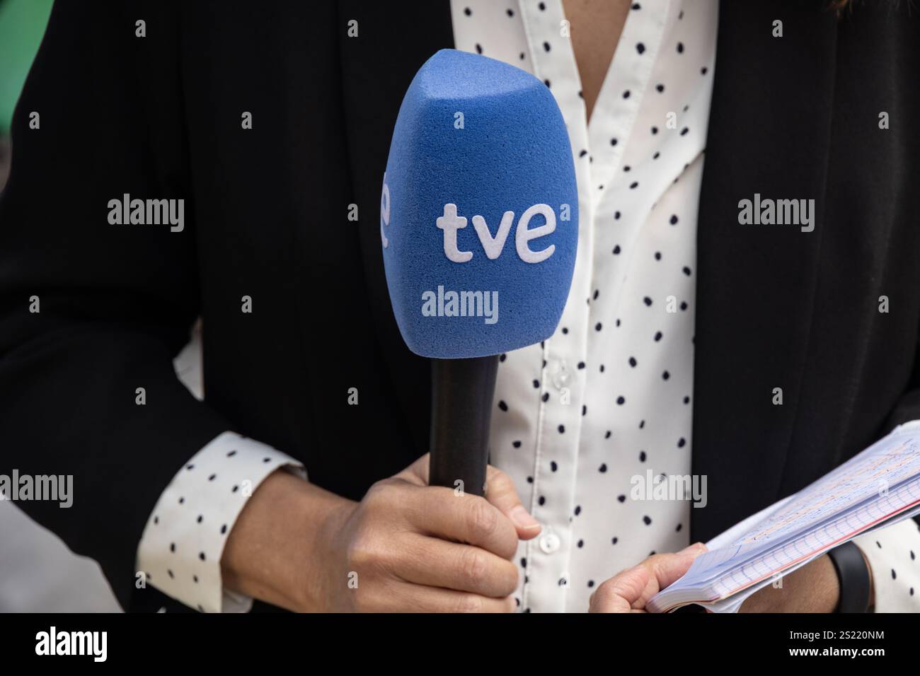 Microphone of RTVE (Spanish Radio and Television Corporation) during a ...