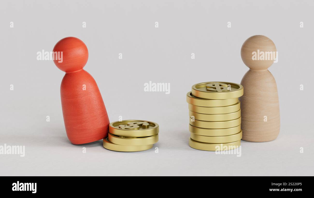 Financial inequality. Male and female figures on stacked coins of ...