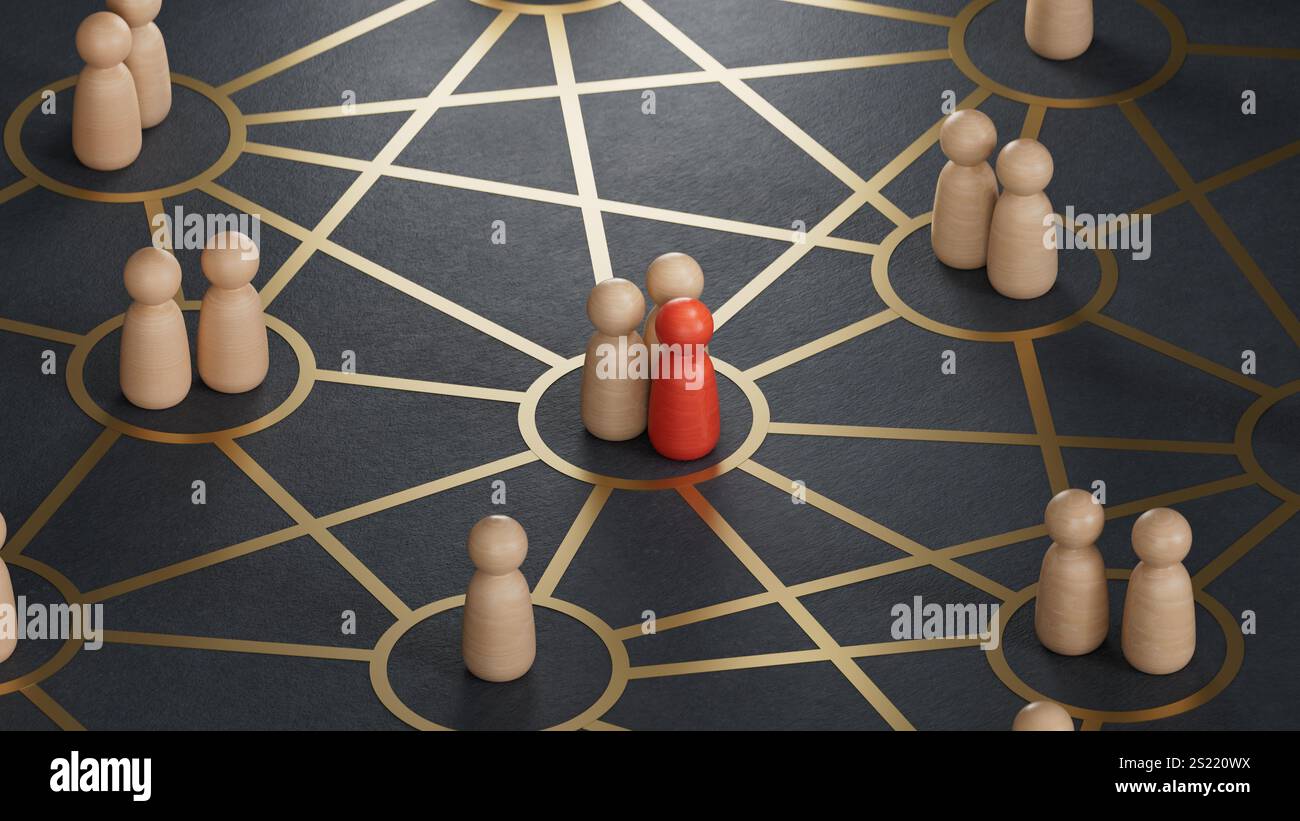 3D illustration of pawns linked together by many reden lines. Social ...