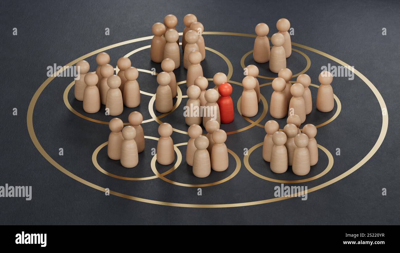 3D illustration of many pawns grouped together into reden circles. Market segmentation concept ...
