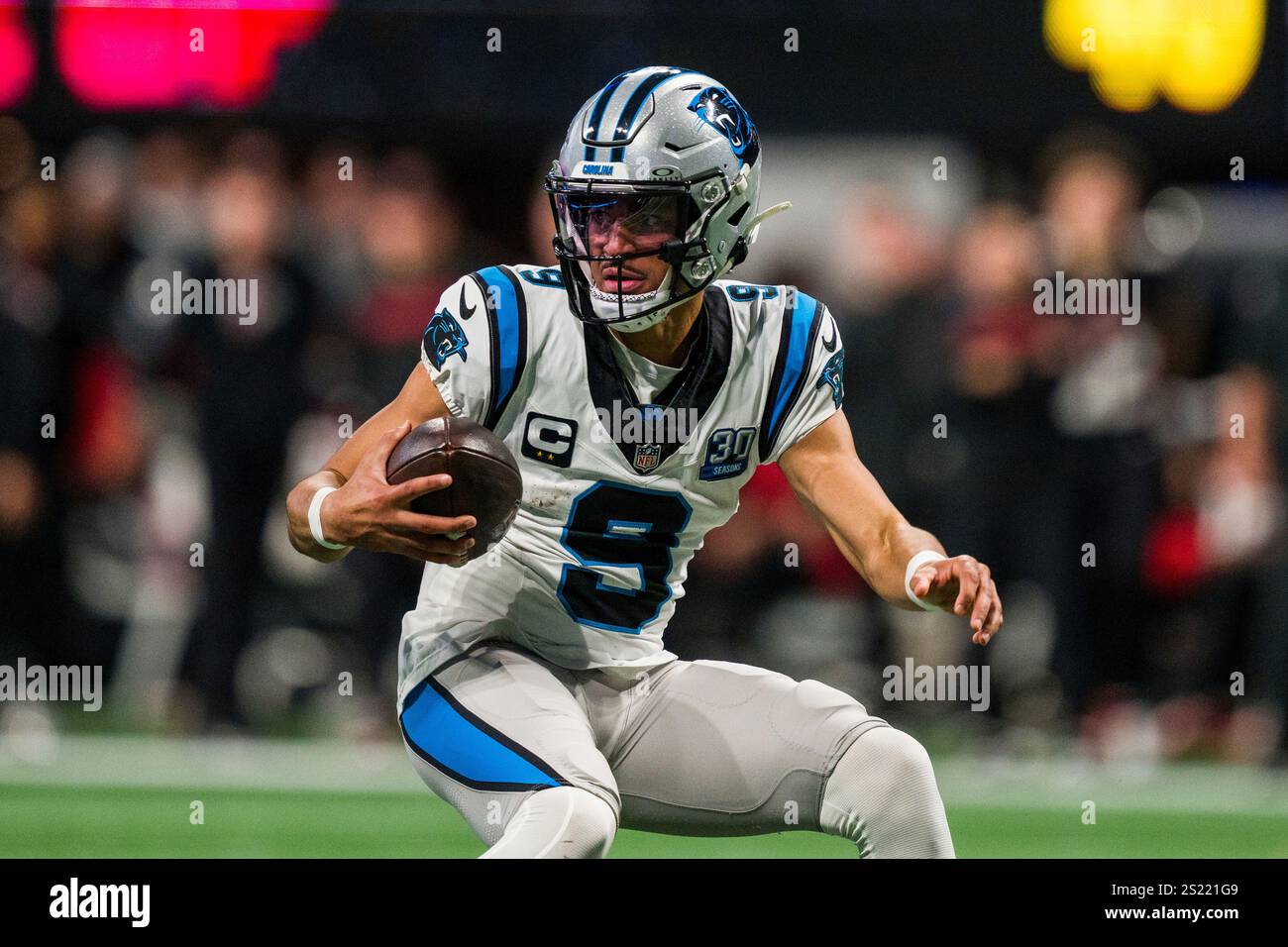 Carolina Panthers quarterback Bryce Young (9) works during the second ...