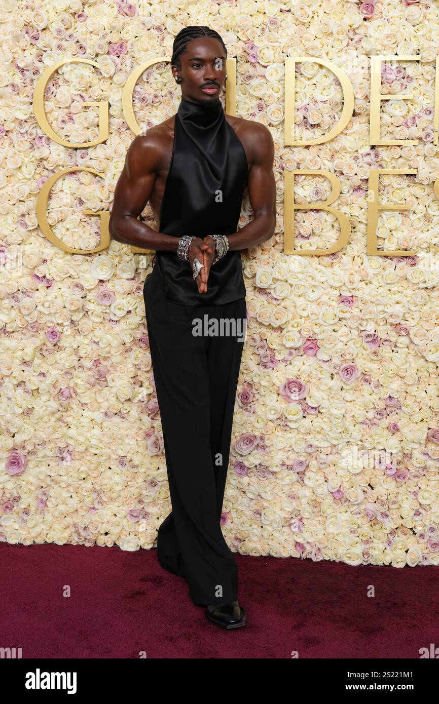 Alton Mason arrives at the 82nd Golden Globes on Sunday, Jan. 5, 2025 ...