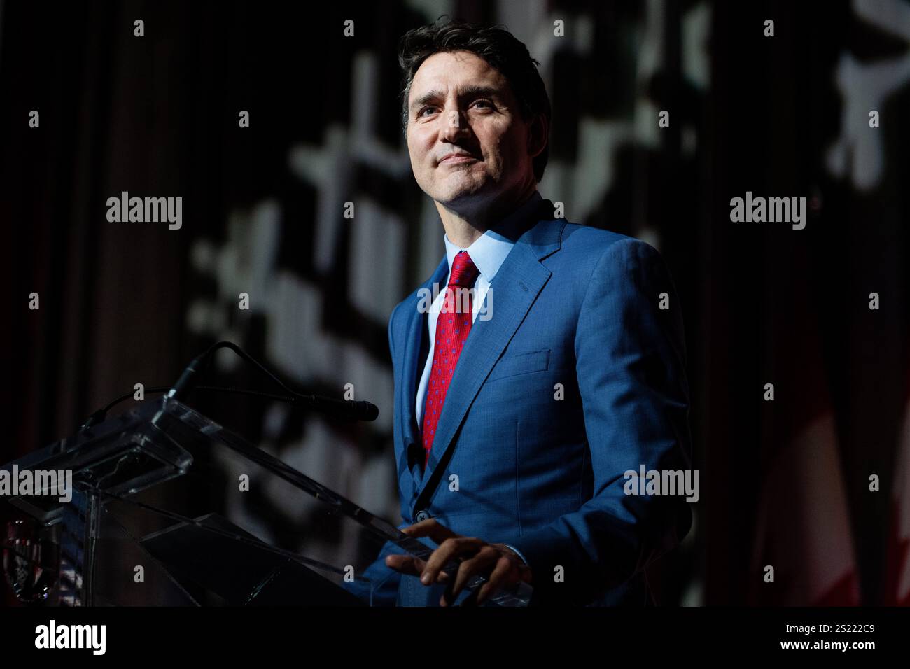 Prime Minister Justin Trudeau delivers remarks during a National Caucus ...