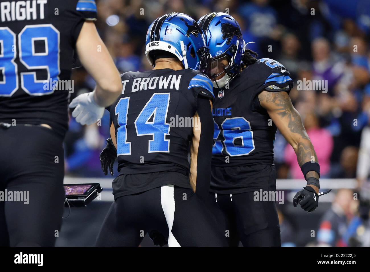 Detroit Lions running back Jahmyr Gibbs, right, celebrates his ...