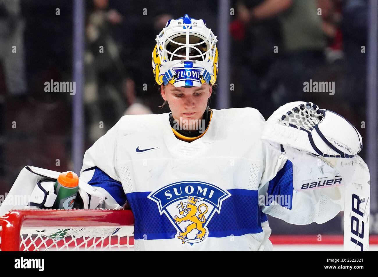 Finland goaltender Petteri Rimpinen reacts following an overtime loss ...