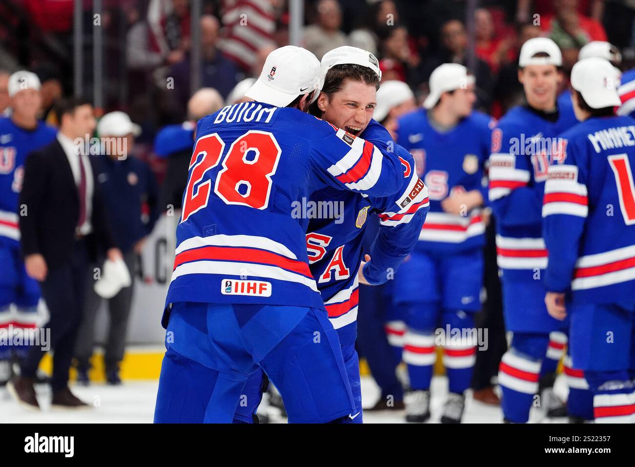 USA forward Ryan Leonard (9) and teammate Zeev Buium (28) celebrate ...