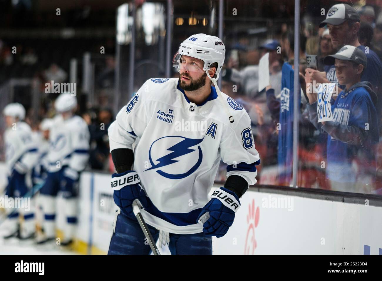 Tampa Bay Lightning right wing Nikita Kucherov looks on during warmups ...