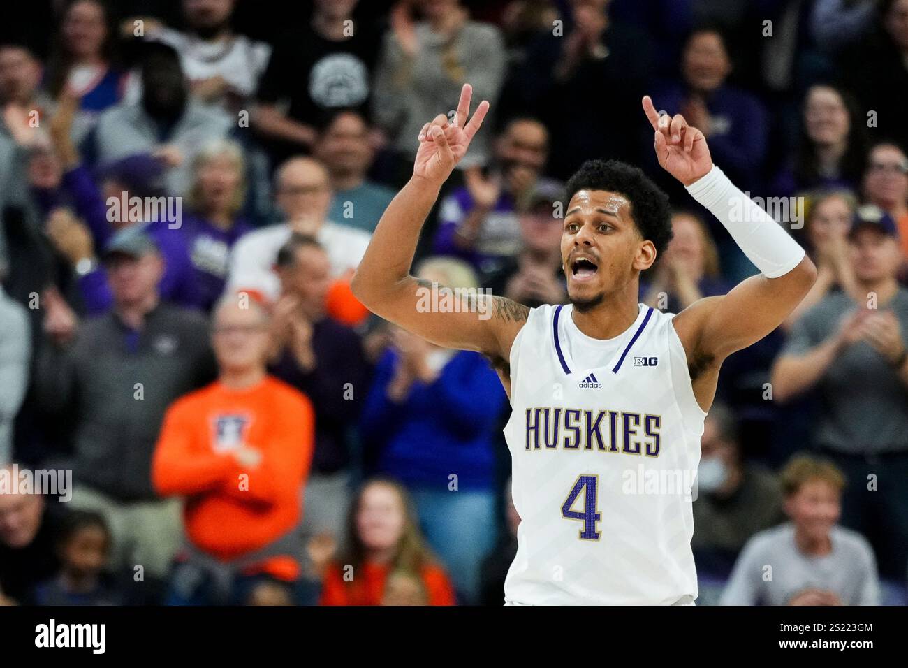Washington guard DJ Davis reacts during an NCAA college basketball game ...