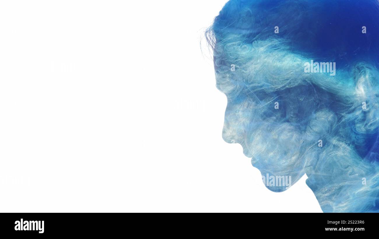 Aura silhouette. Soul healing. Blue mist cloud double exposure profile ...