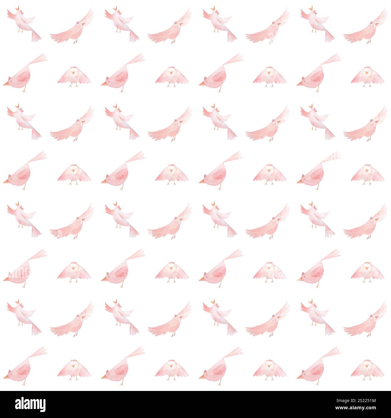 Pink birds flying, singing, looking, cartoon character, hand painted ...