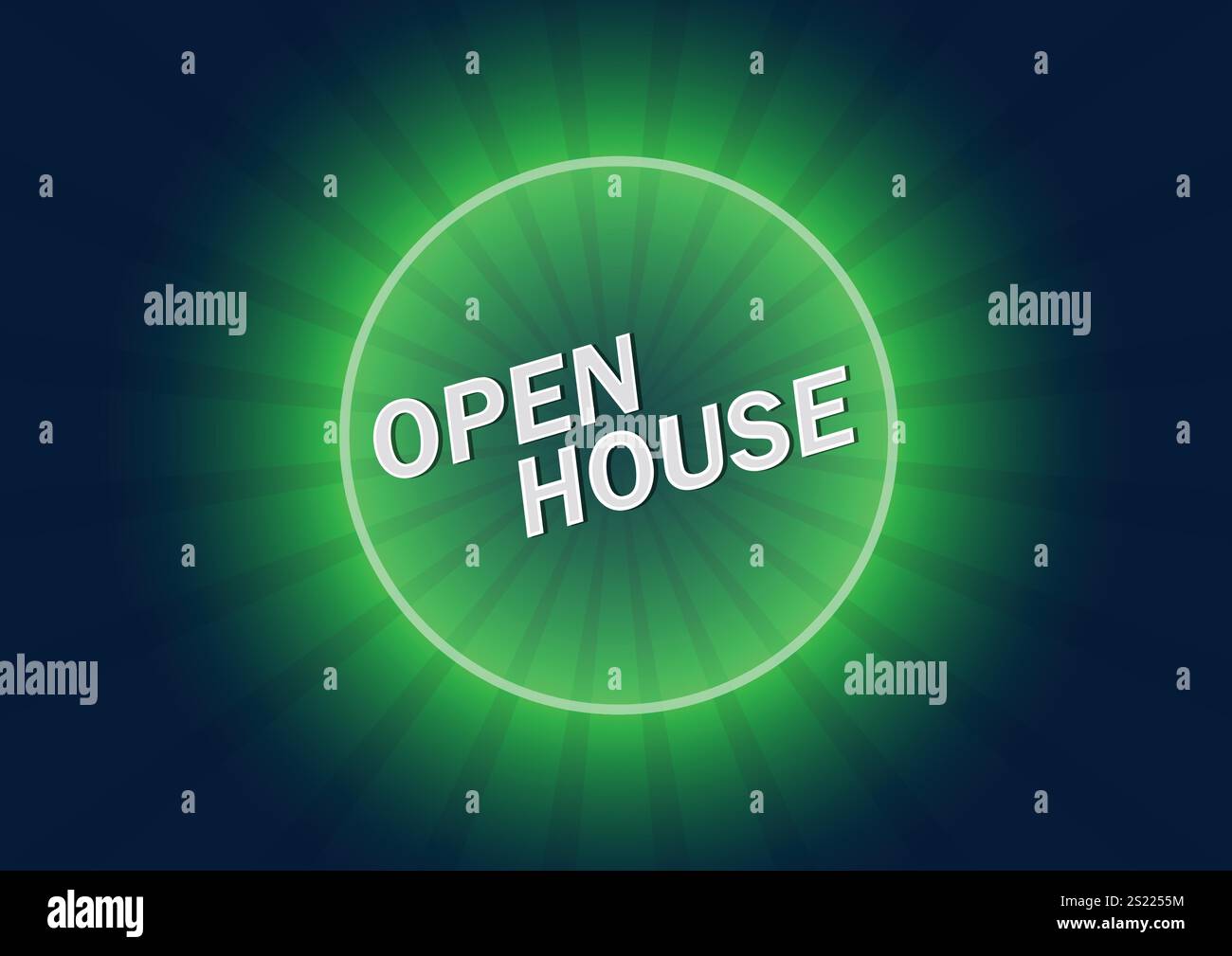 Open house button with green rays on dark background. Vector ...