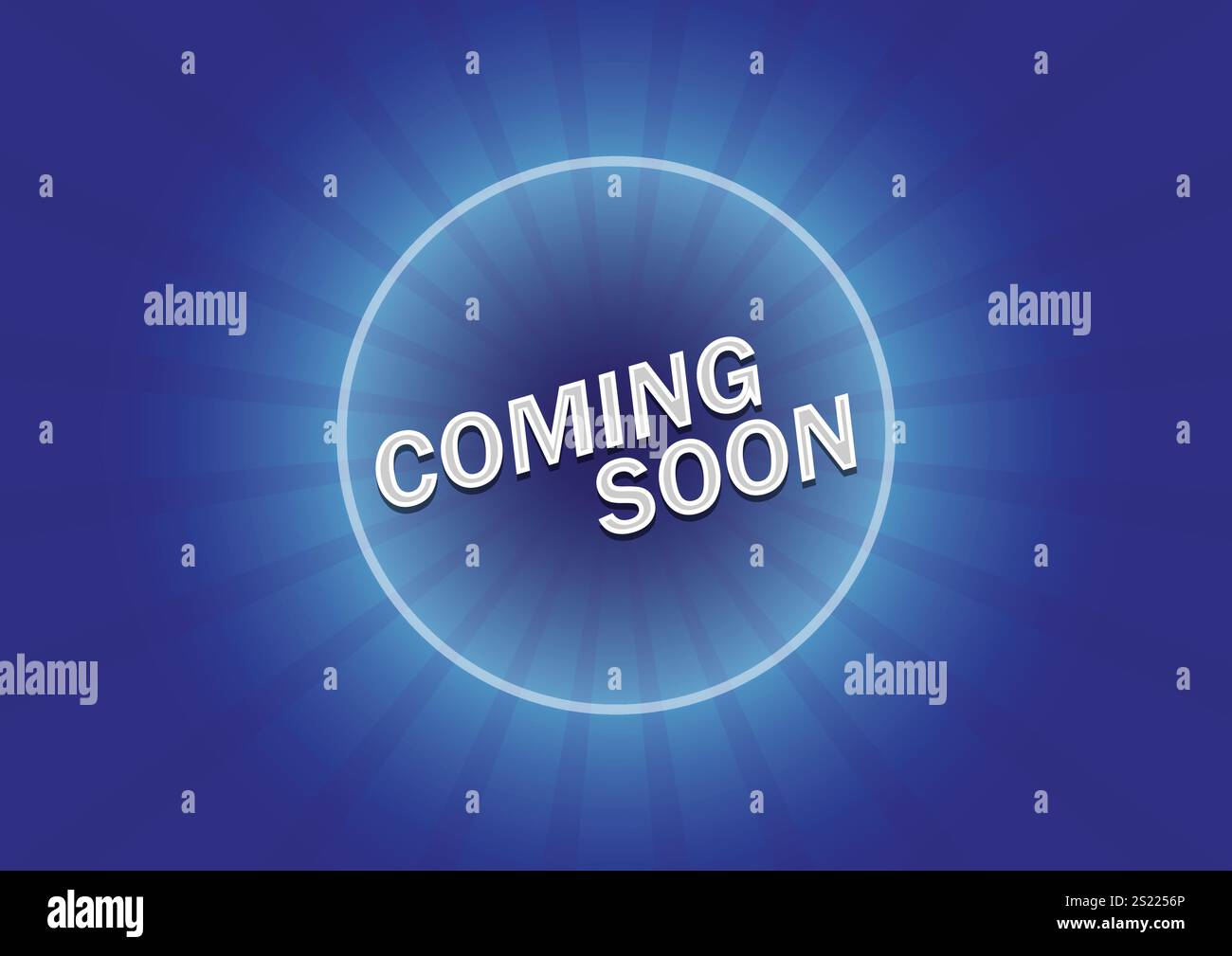 Coming soon text on blue sunburst background. Business concept for ...