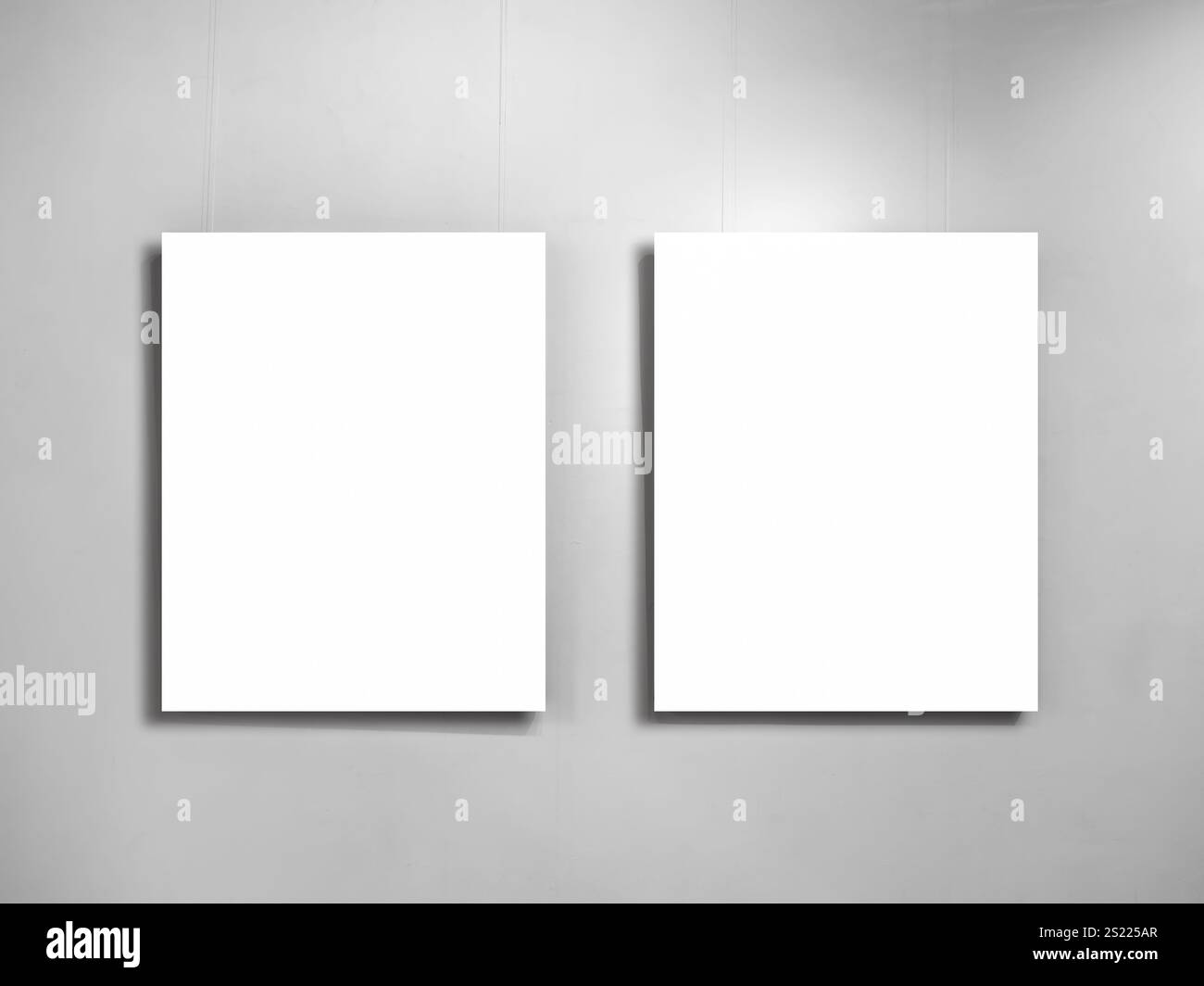 Mockup of two vertical white blank spaces square frame hanging isolated ...