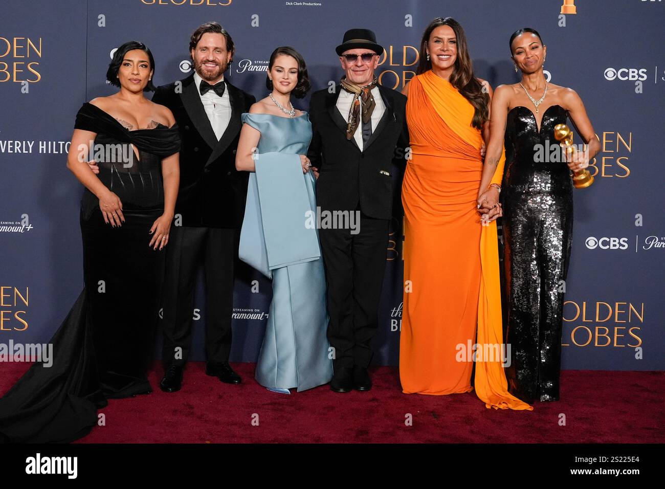 Adriana Paz, from left, Edgar Ramirez, Selena Gomez, Jacques Audiard, Karla Sofia Gascon, and ...