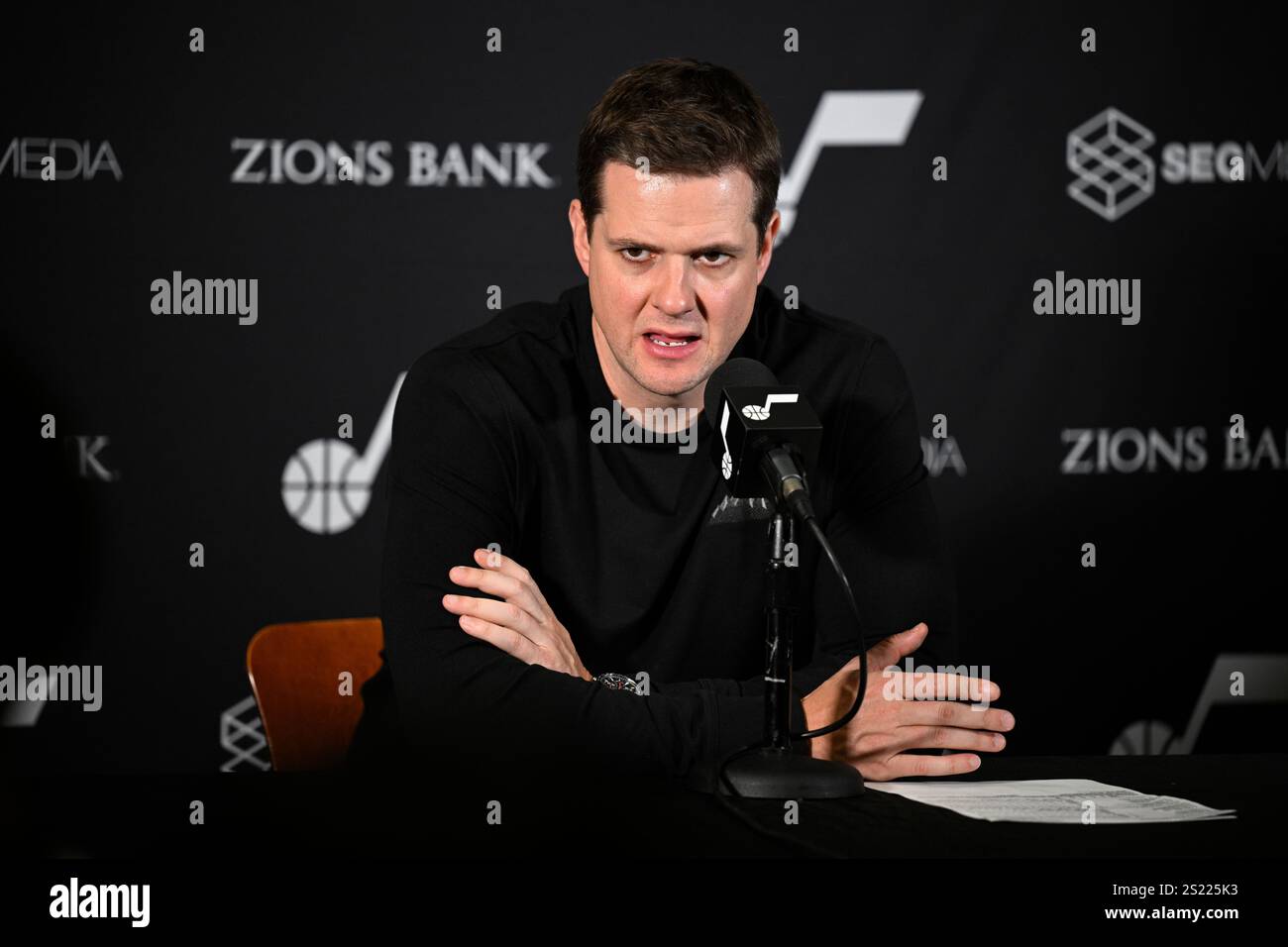 Utah Jazz head coach Will Hardy answers questions from reporters after ...