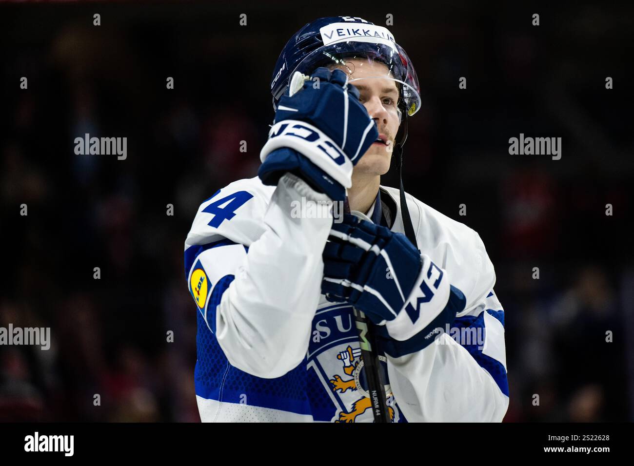 Jesse Nurmi of, Finland. , . looks dejected after the 2025 IIHF World ...