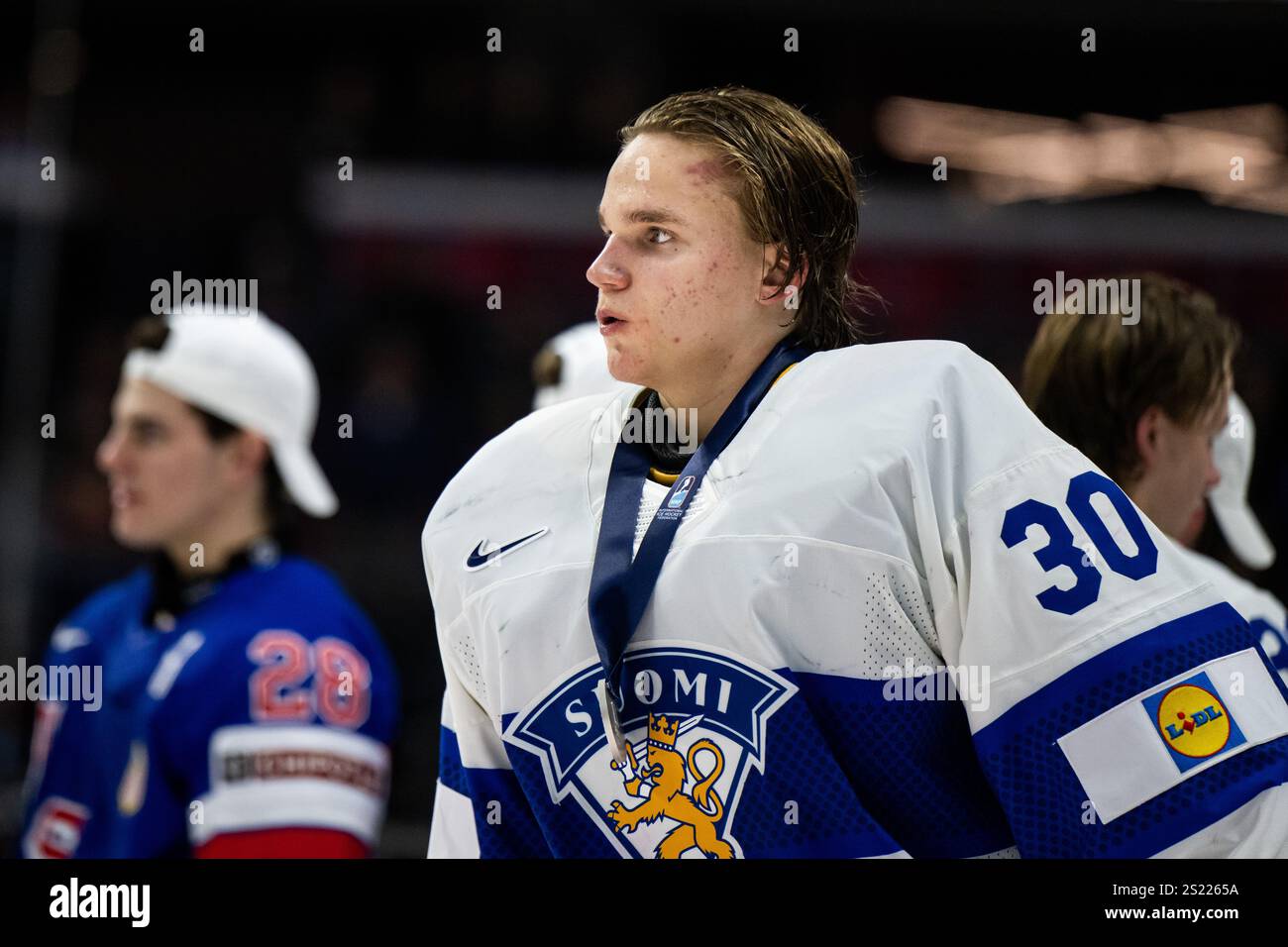 250105 goaltender Petteri Rimpinen of Finland looks dejected after the ...