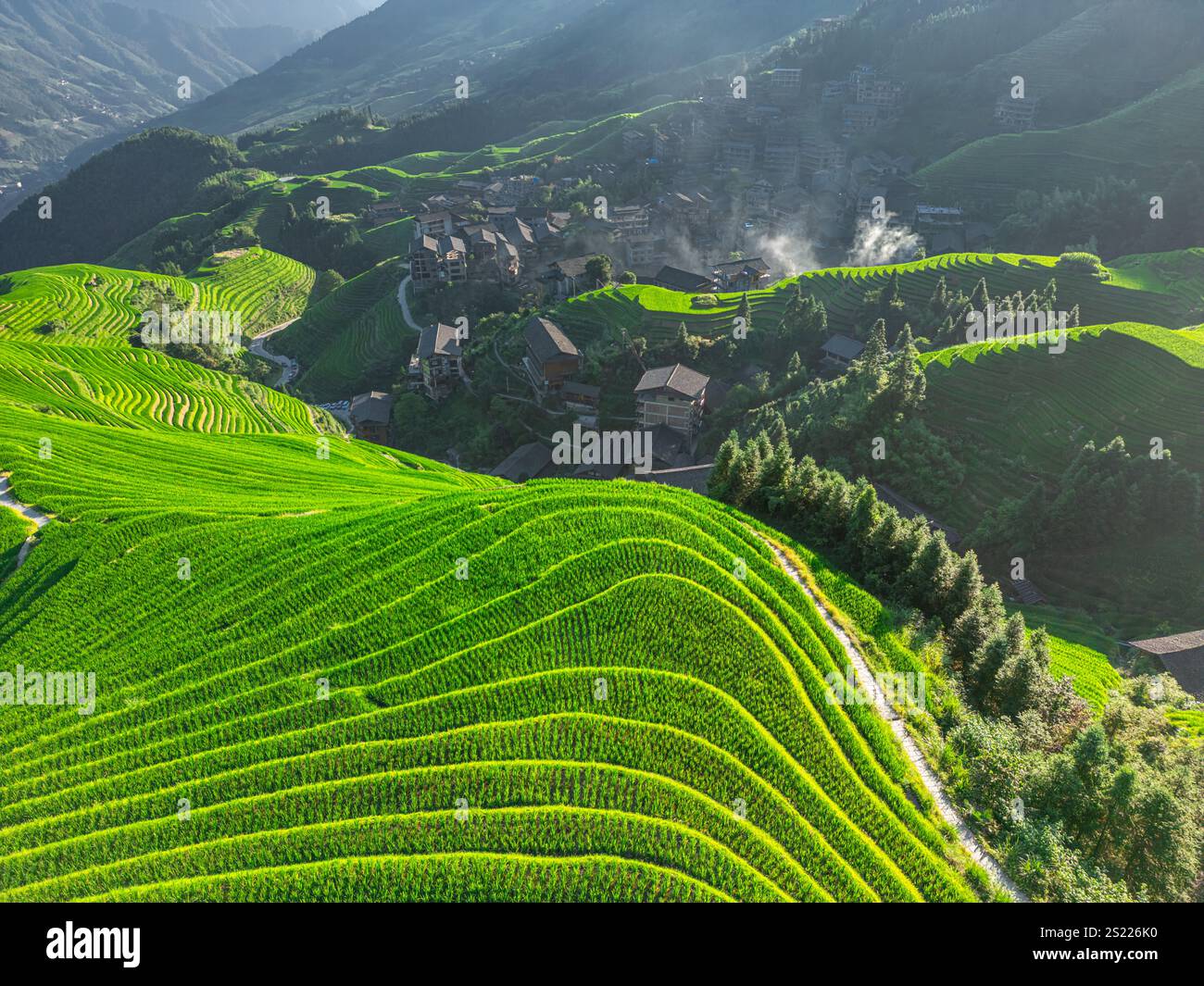 The aerial photo of the slopes of the Longji rice terraces in Longsheng ...