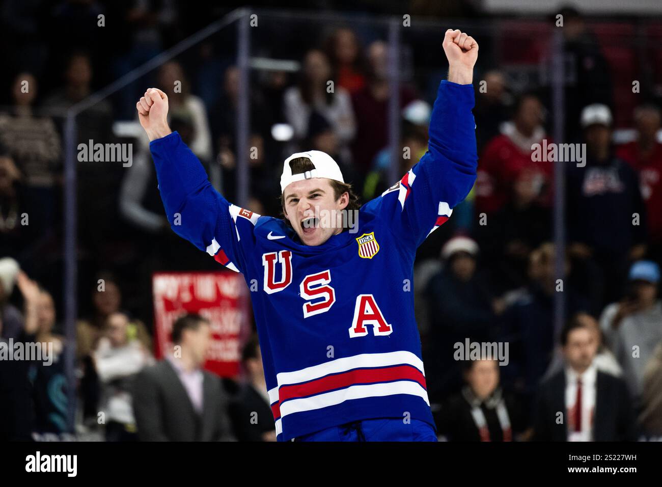 Cole Eiserman of, USA. , . celebrates after the 2025 IIHF World Junior ...