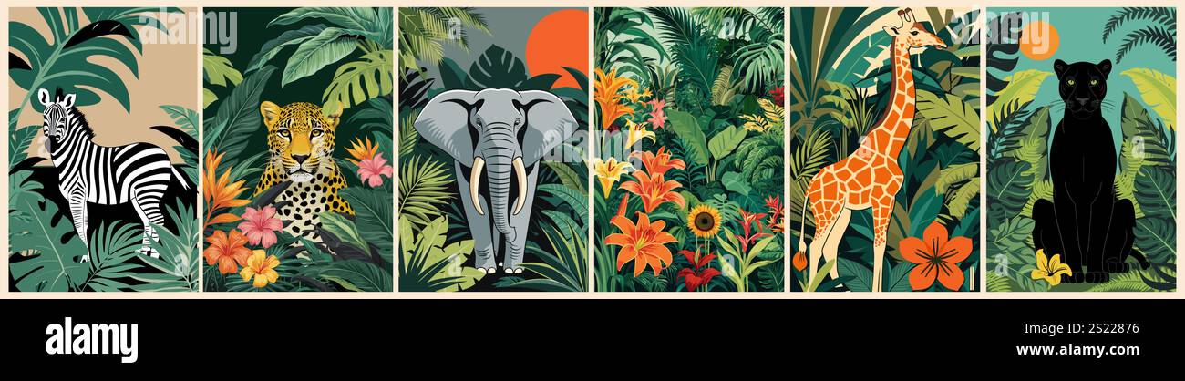 Set of Jungle retro posters with different animals Stock Vector Image ...