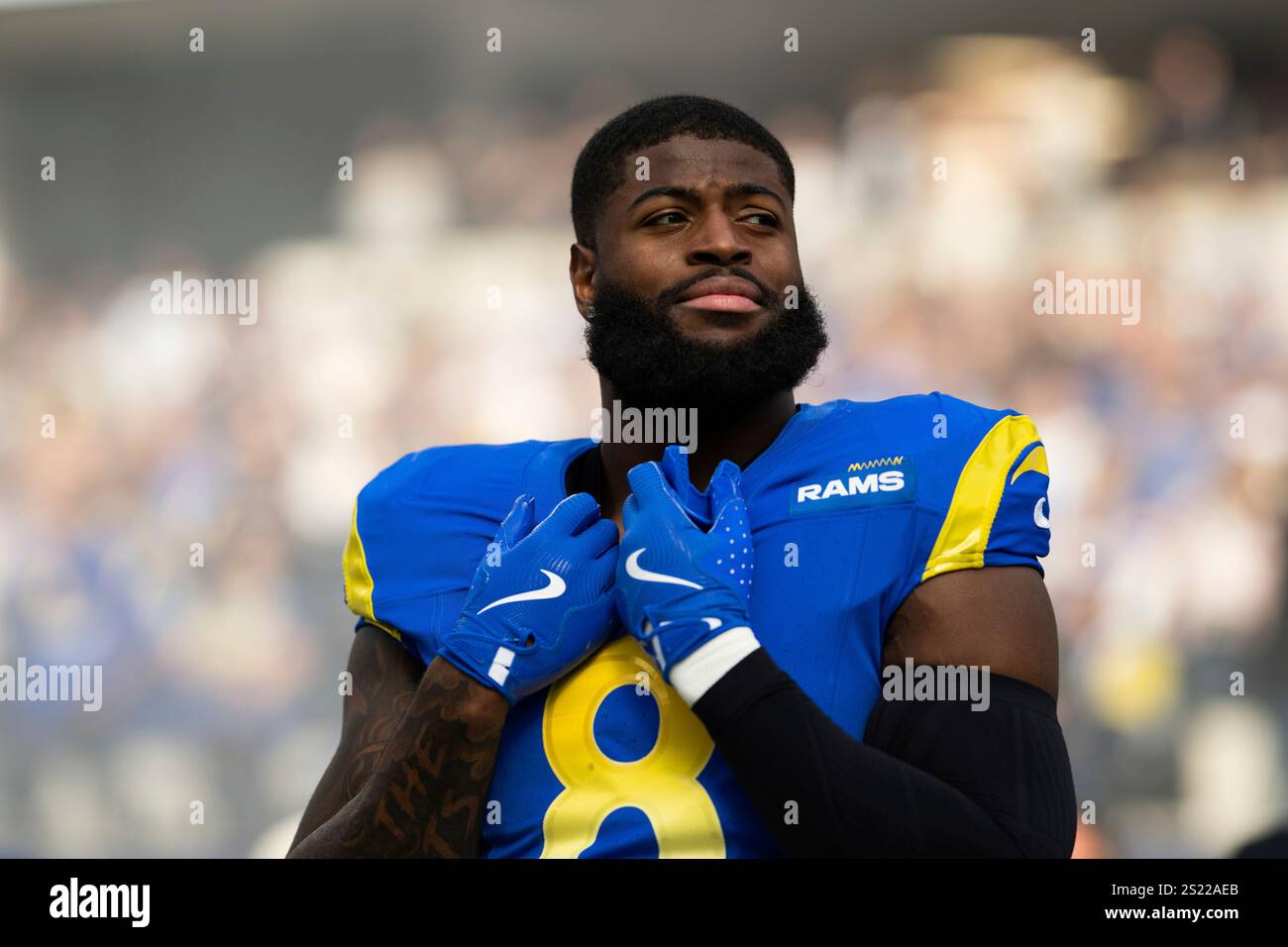 Los Angeles Rams linebacker Jared Verse (8) stands for the National ...