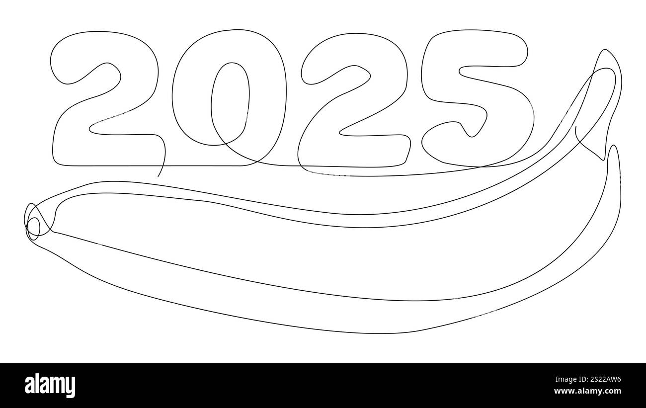 One continuous line of Banana with number 2025. Thin Line Illustration ...
