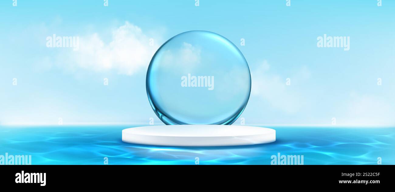 Water themed podium display with transparent crystal sphere behind ...