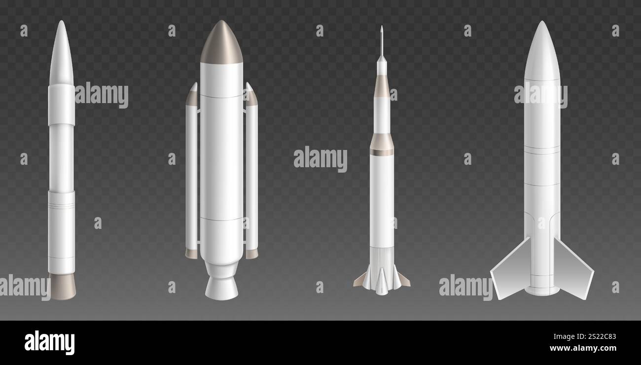 Realistic space rocket collection in white and metallic colors. Cosmic ...