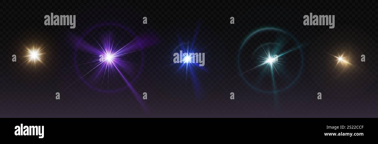 Bright glints set isolated on transparent background. Vector realistic illustration of neon blue ...