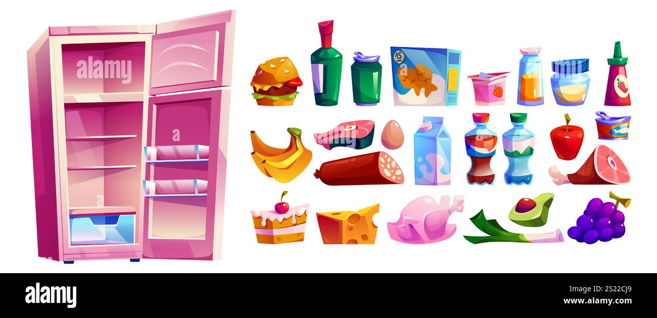 Pink empty refrigerator with separate food icons - meat and fish ...