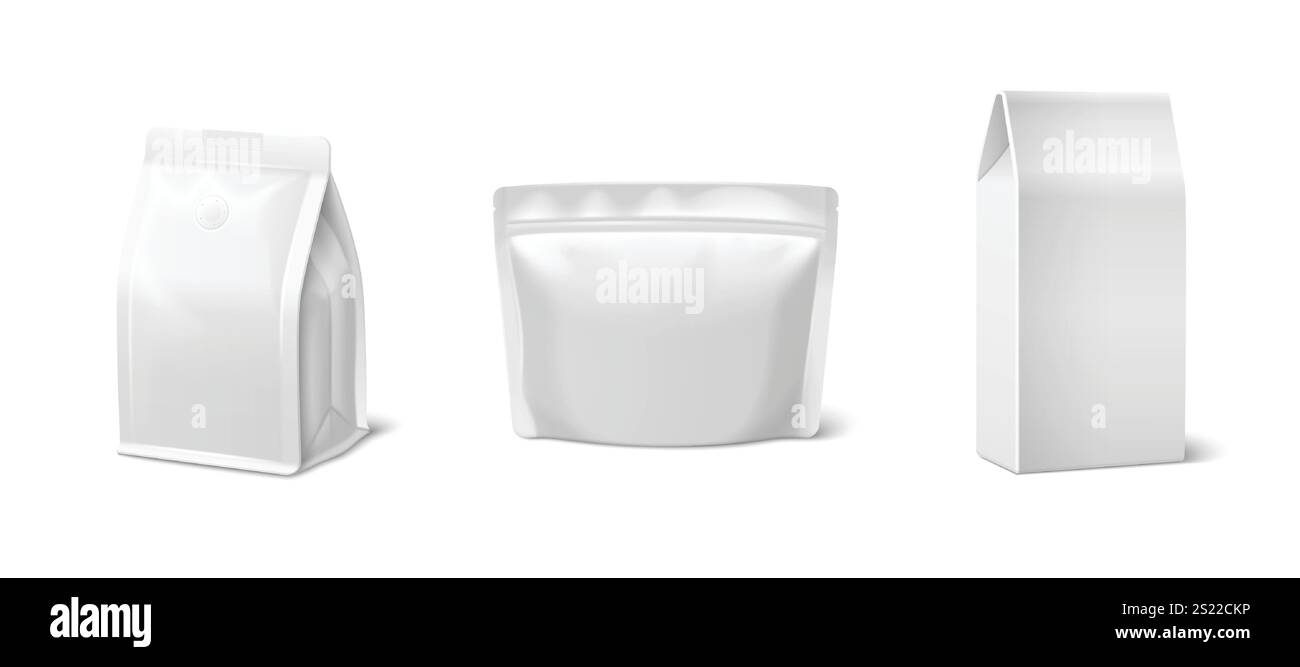 White paper coffee bag mockup set with three different shapes ...