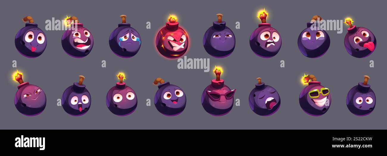 Cartoon bomb emoticon set with facial expressions - dark spherical ...