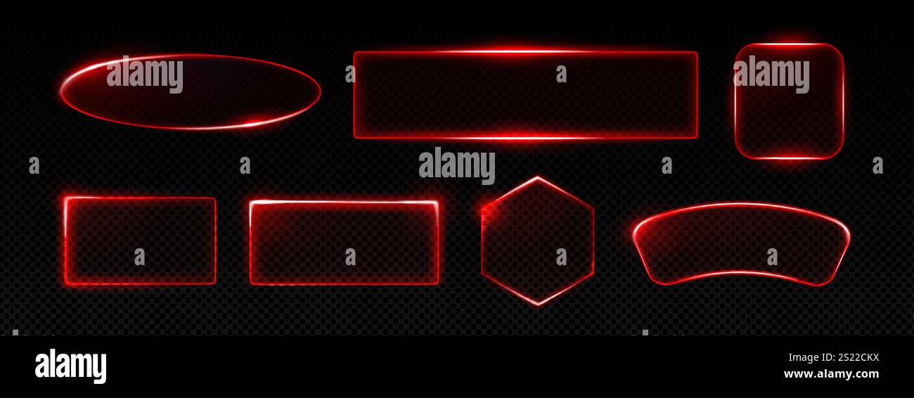 Neon frame collection with glowing red outlines with glass effect. Illuminated geometric shapes ...