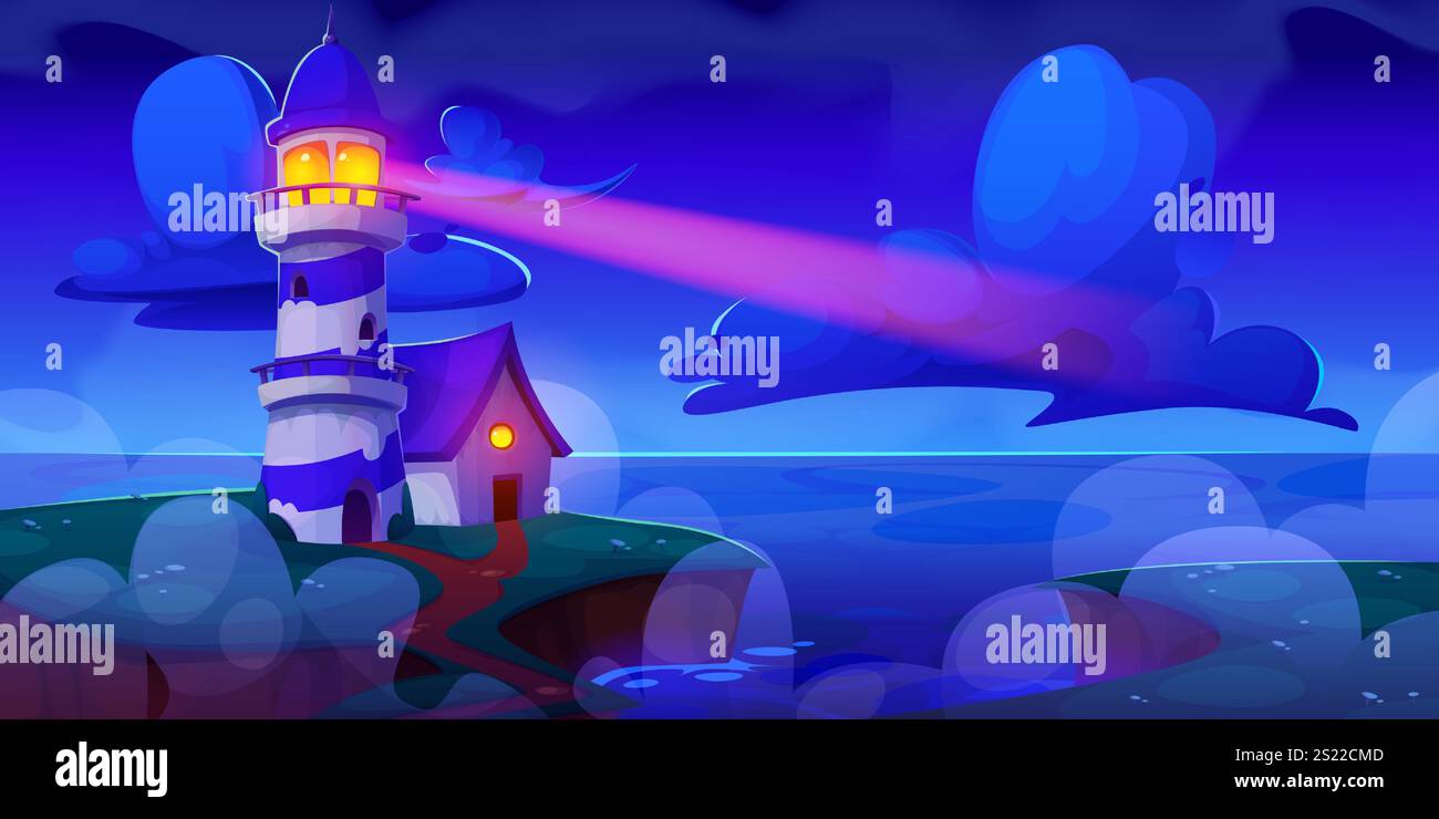 Cartoon lighthouse scene at night with illuminated beacon sending ...