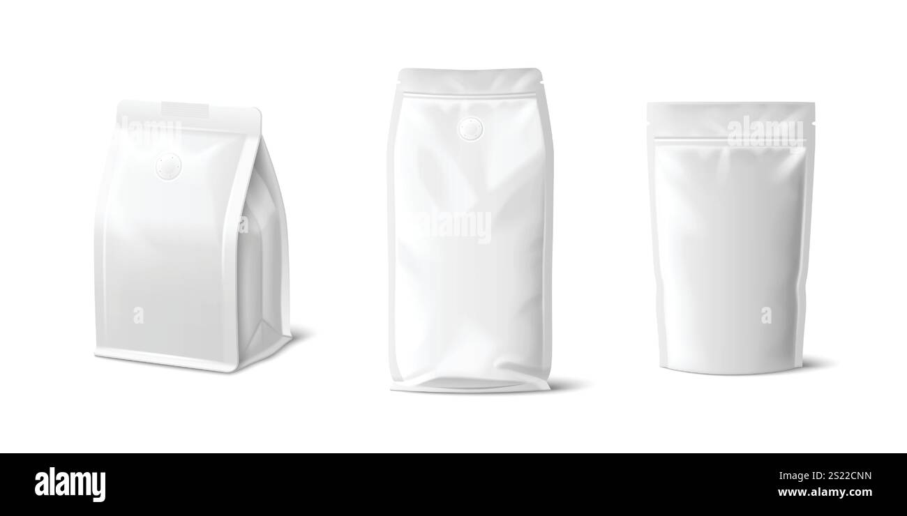 Paper bag mockup set for coffee packaging - white blank pouches in ...