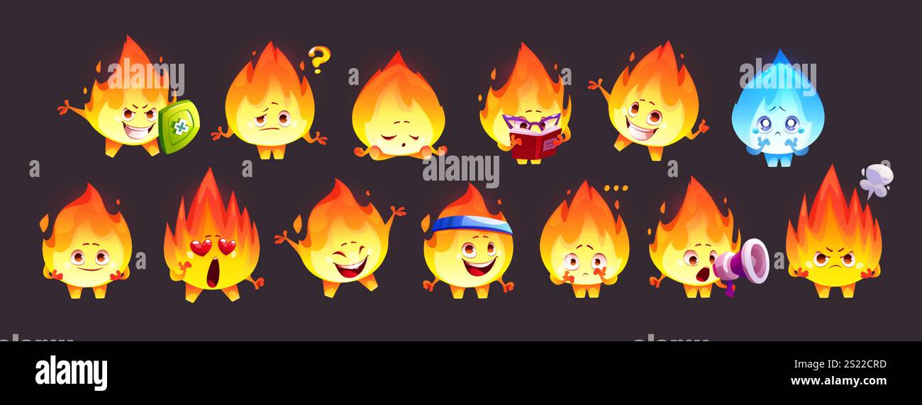 Cute flame mascot emotions and actions set - fiery character brave with ...