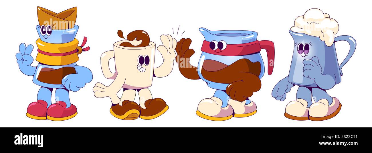 Groovy coffee characters set isolated on white background. Contemporary ...