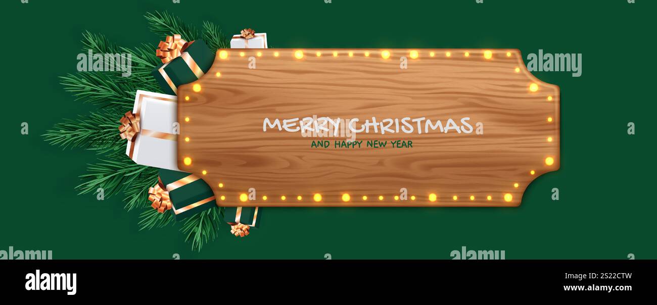 Merry Christmas 3d frame design with illuminated wooden board and pine ...