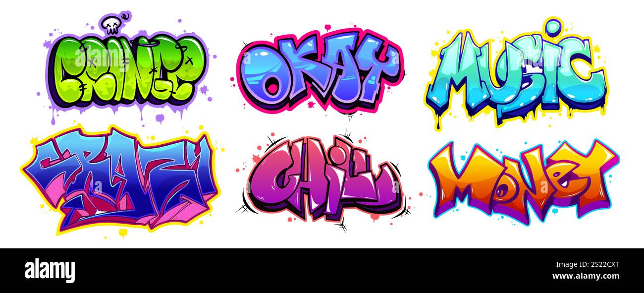 Graffiti lettering text collection in cartoon style - vibrant design of ...