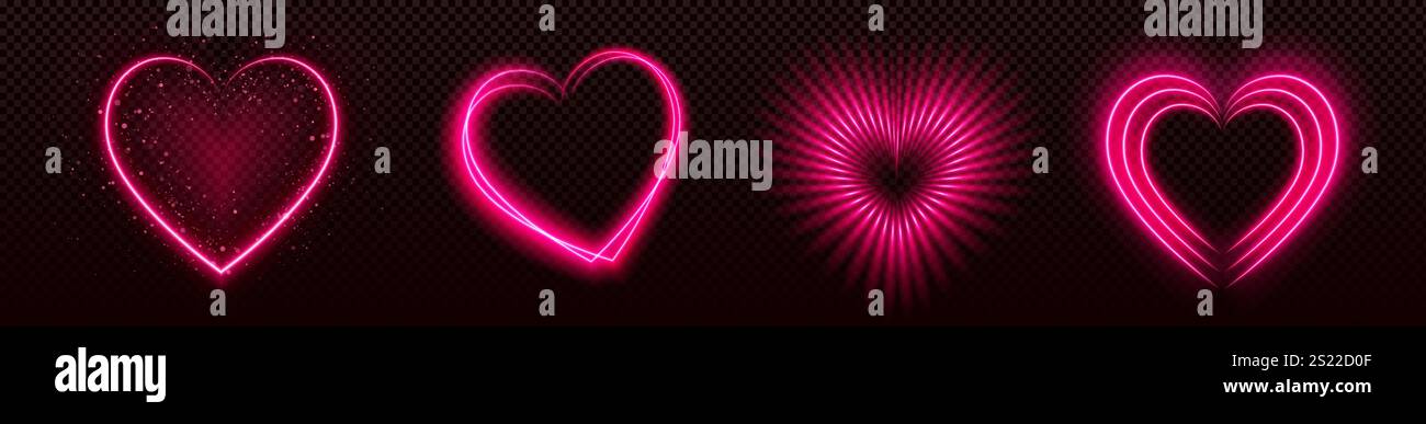 Neon pink heart shapes collection with various glowing effects ...