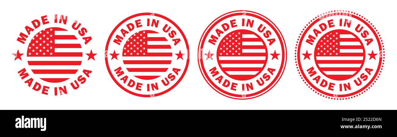 Made in USA grunge style circle rubber stamp badge icon. Produced in ...
