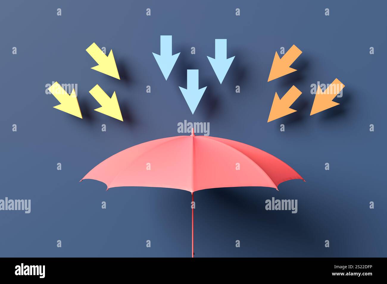Red umbrella is protecting from colorful arrows falling down ...