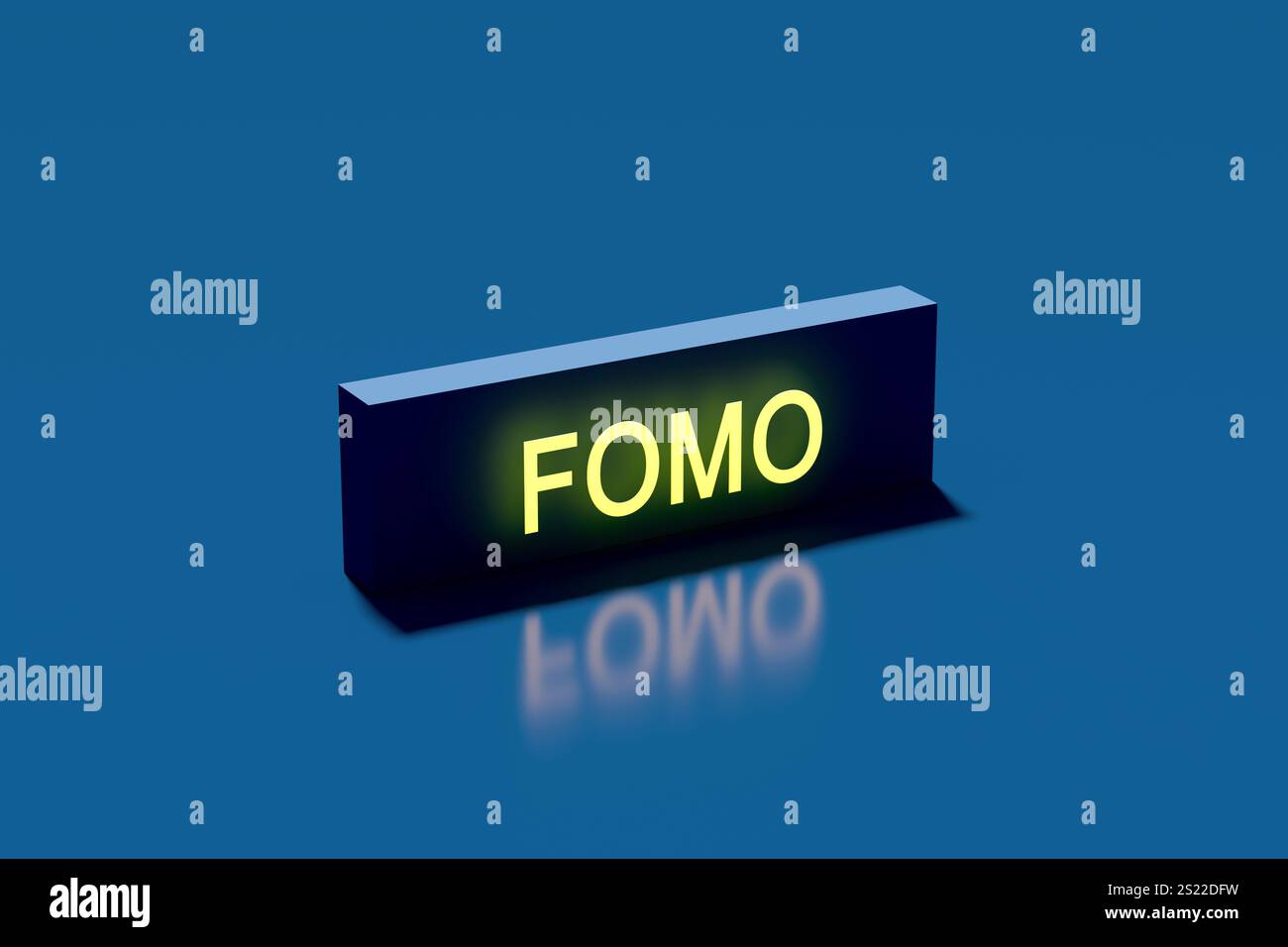 Fear of missing out concept. Glowing FOMO sign is casting a reflection ...