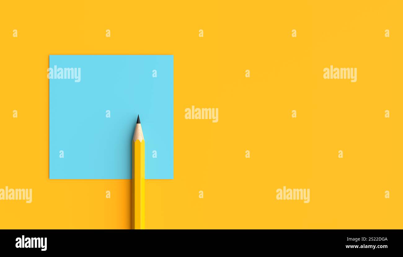 Yellow pencil is pointing at a blue sticky note on an orange background ...