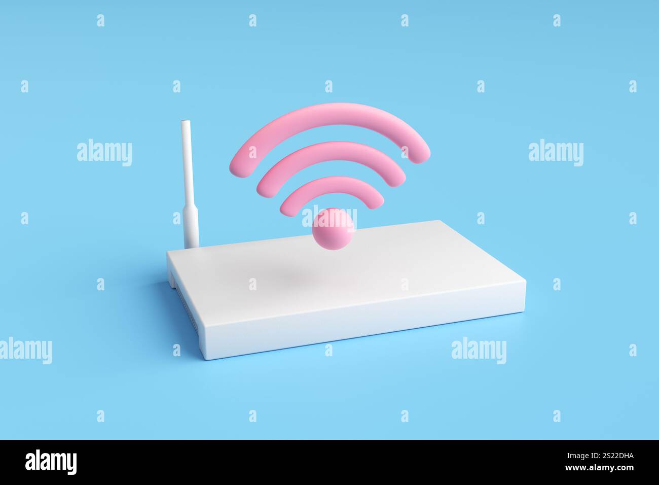 Minimalist rendering of a white WIFI router emitting a pink WI-FI ...