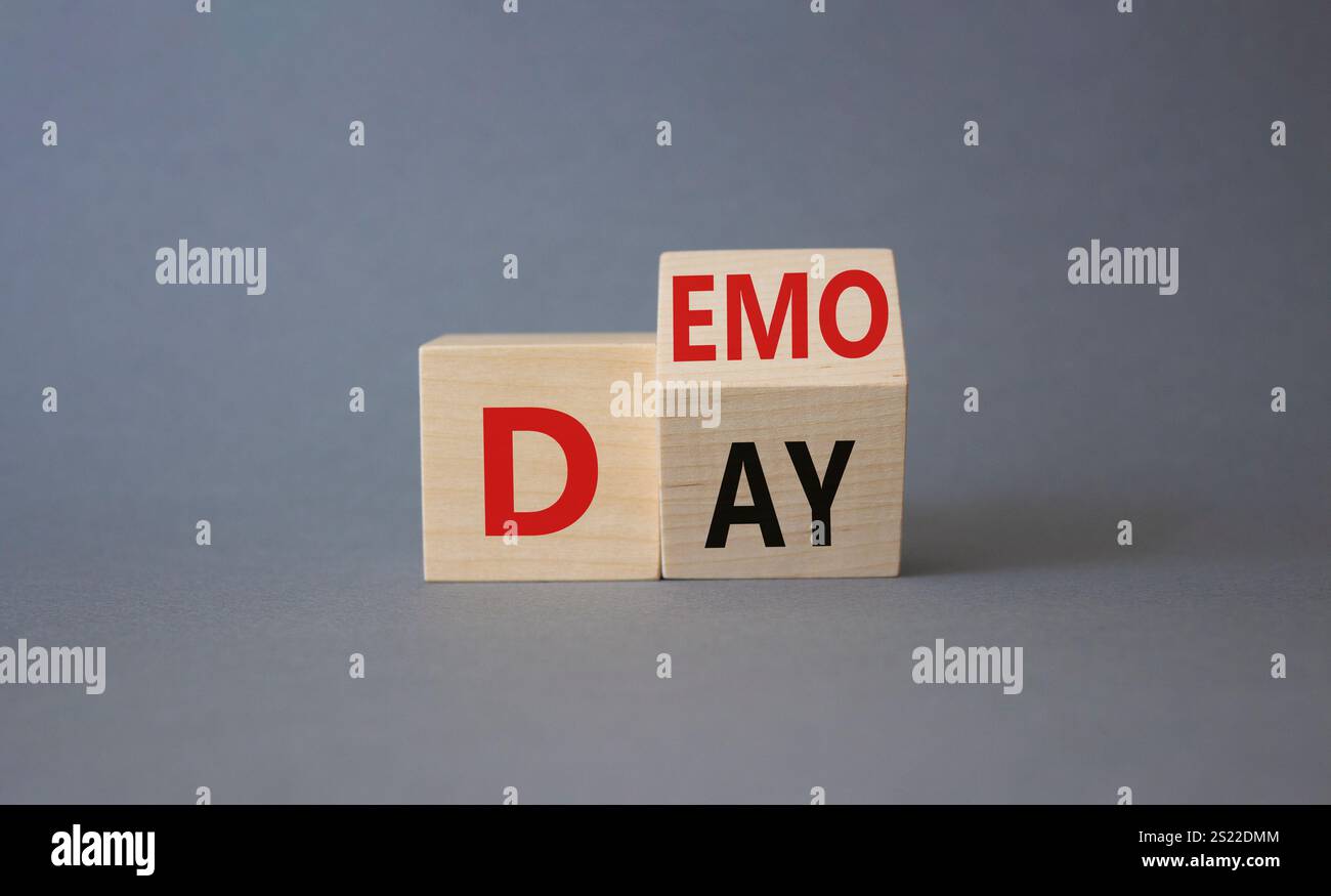 Demo Day symbol. Turned wooden cubes with concept words Demo Day ...