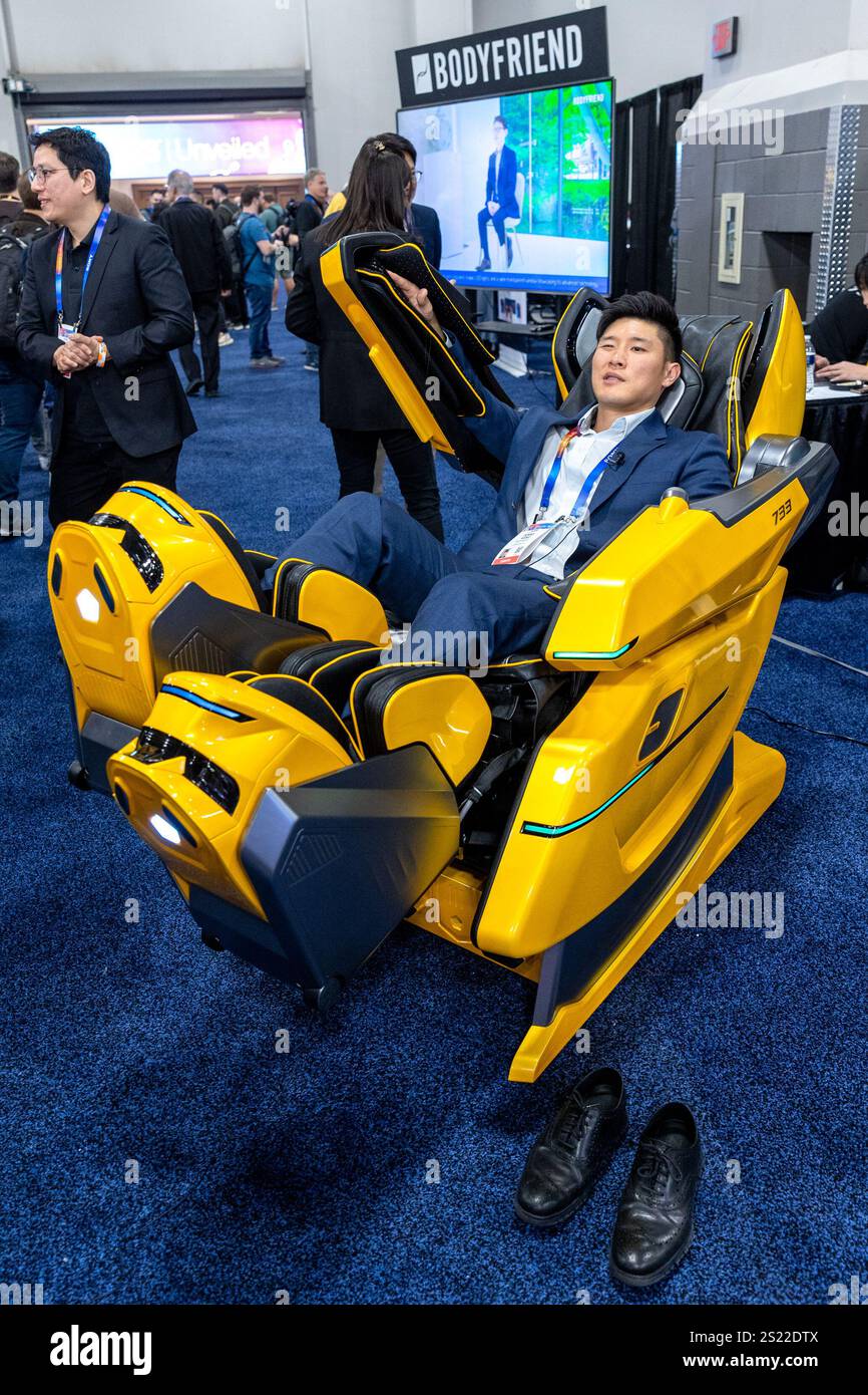 A high-tech massage chair, by Bodyfriend, presented during CES Unveiled ...