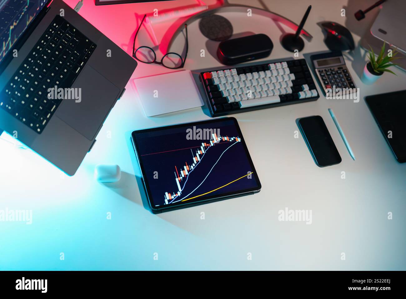 finance office space crypto currency chart laptop tablet business ...