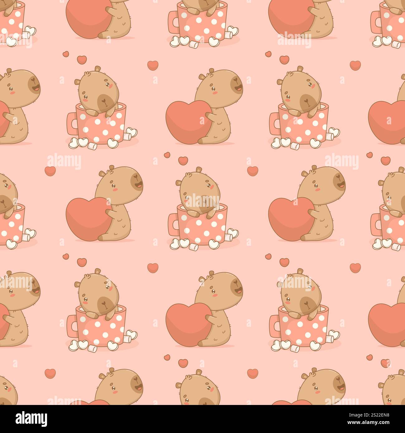 Seamless romantic pattern. Cute enamored capybara with big heart and ...