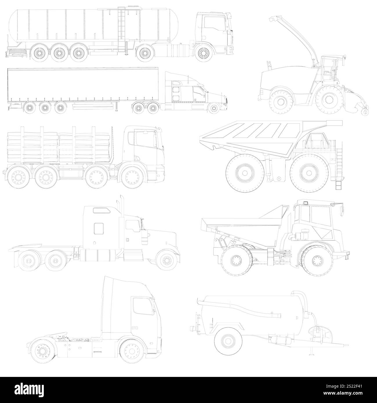 Collection of drawings of different types of trucks. The drawings are ...